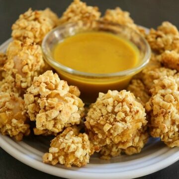 Honey Mustard Popcorn Chicken- Oven Baked & Super Crunchy!
